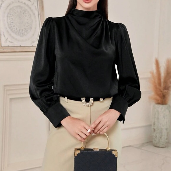 Tops | Luxe Black Puff Sleeve Blouse | Poshmark